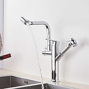 OMOONS Kitchen Taps Chrome Short or Tall Hot Cold Mixer Kitchen Facuets with Spray Gun, 360 Degree Rotation Modern Design Deck Mount Water Mixer Tap Kitchen Faucet/Chrome B