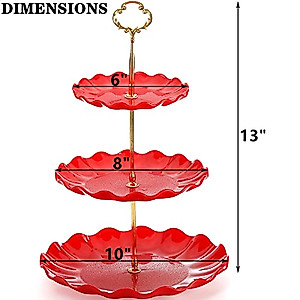 DEAYOU 4 Pack 3-Tier Cupcake Stand, Plastic Dessert Stand Display Tower, Tiered Cake Stands Serving Trays with Gold Rod, Pastry Rack Holder Platter for Buffet, Party, Wedding, Home Decor, Pink, Red