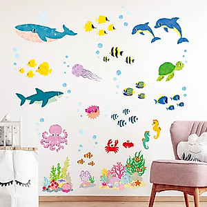 DECOWALL BA-2014s Under The Sea Turtle Wall Stickers Decals Ocean Fish for Bathroom Bedroom Nursery Living Room Home Decor Decoration Kids sea Animals Seaweed Peel and Stick Water boy Baby Shark