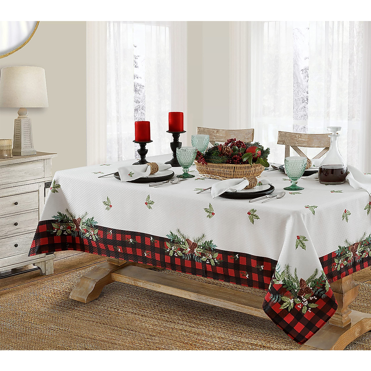 Lintex Aspen Red Black Plaid and Garland Bordered Christmas Tablecloth, Cottage Check Bordered Xmas and Holiday Print Easy Care Fabric Tablecloth, 70 Inch Round