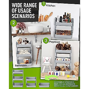 Skywin 3-Tier Plastic Stackable Storage Bins 11.4" x 11" x 19.7" with Brackets for Extra Protection - For Pantry Storage, Kitchen Storage, and Bathroom Storage (Grey)