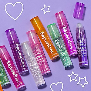 Expressions 12pc Roll On Lip Gloss Set with Carrying Case, 12-Piece Glossy Lip Makeup - Assorted Fruity Flavors, Non Toxic, Kid Friendly, Party Gift, Best Friends