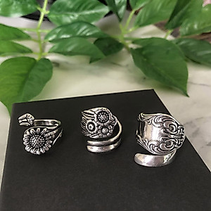 YWDREAM Vintage Silver Spoon Ring, Victorian Boho Flower Spoon Rings for Women, Adjustable Wrap Around Open Ring Statement Jewelry (Butterfly)