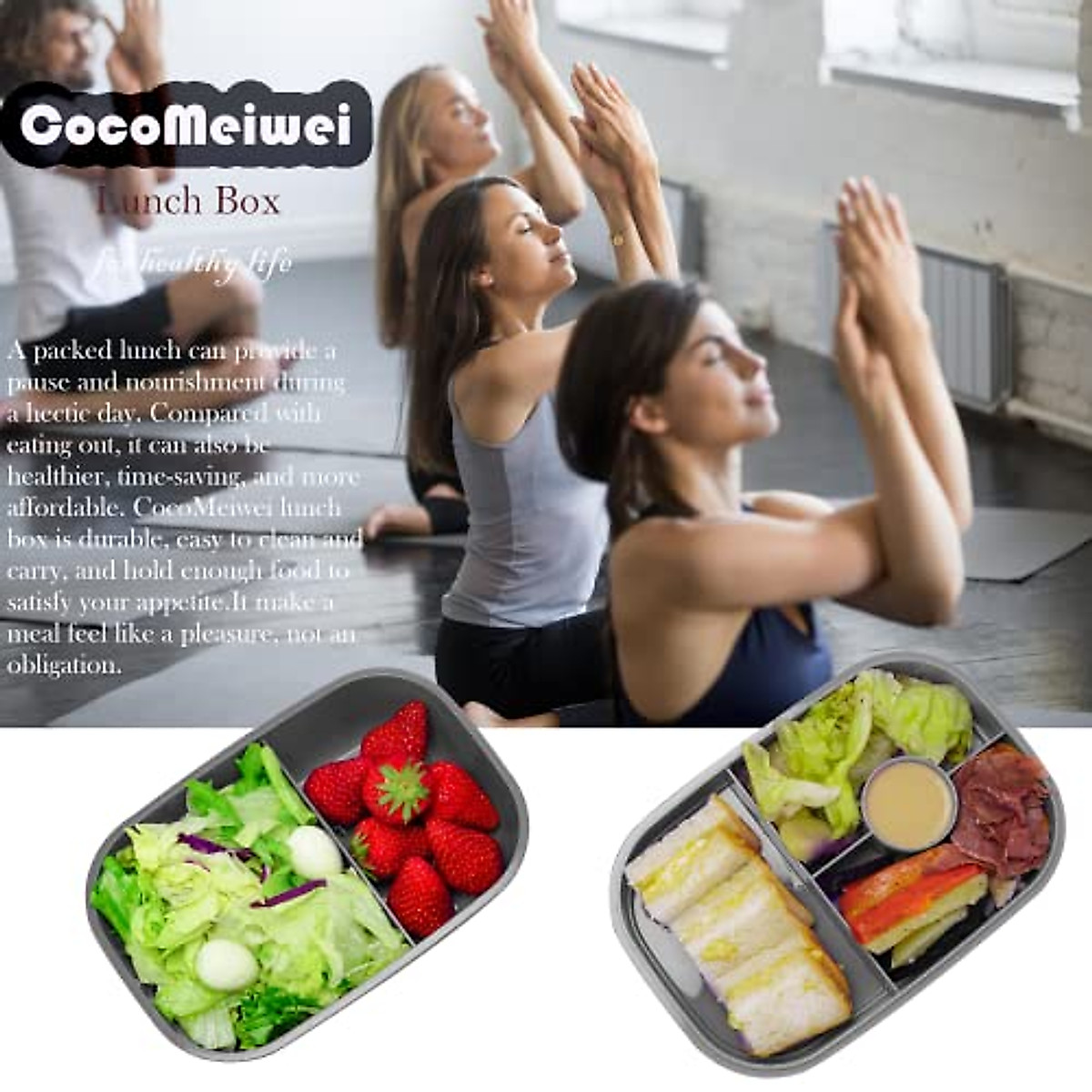 CocoMeiwei Bento Box Adult Lunch Box, Bento Lunch Box with 5 Silicone Cupcake Liners, Leak-proof Bento Lunch Box Containers 3 Tiers 50oz, 6compartments Large Capacity for Working Grey