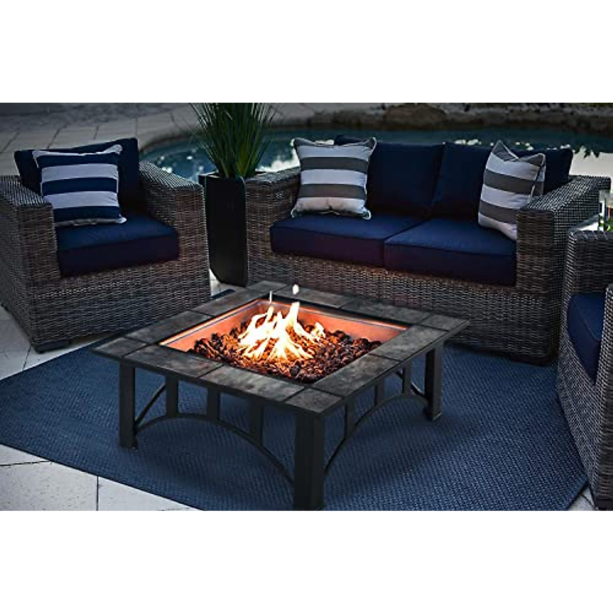 Grand Patio 33" Fire Pits for Outside Square Marble Tile Firepits Includes Steel Fire Poker and Mesh Lid, for Garden,Backyard,Camping