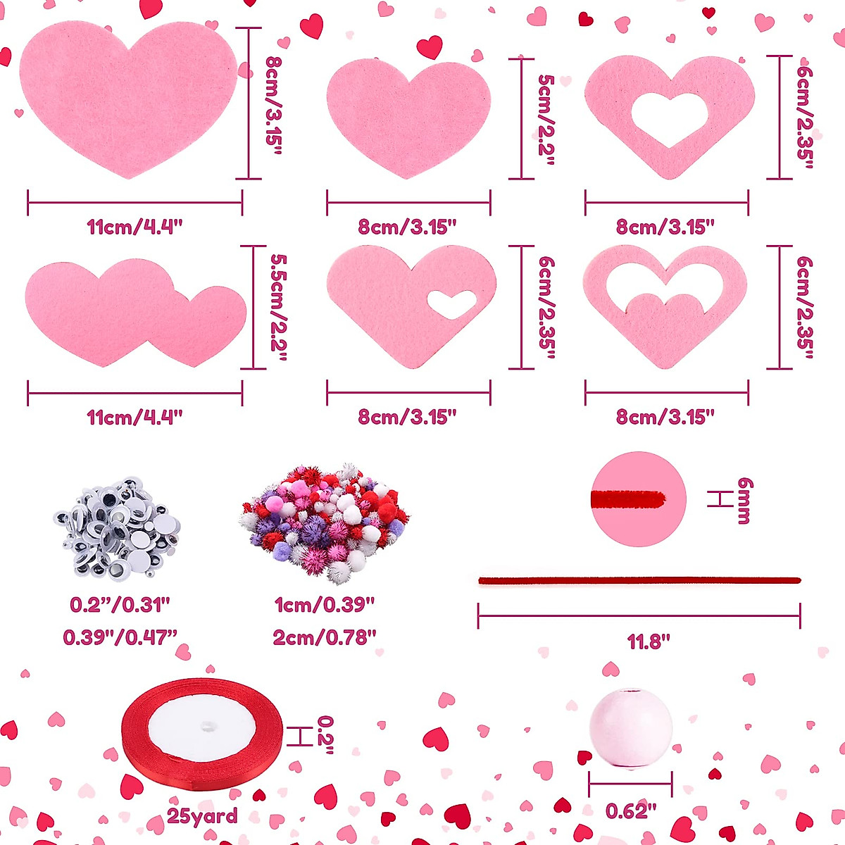 Caydo 730PCS Valentine Day Arts and Crafts Supplies for Kids, Including Felt Sheets Pipe Cleaners Pom Poms Wiggle Eyes Feather for Valentine's Day Craft and Decorations