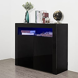 Goujxcy LED Kitchen Sideboard Storage Buffet Cabinet High Gloss for Living Room, Modern Wooden Unit Cupboard TV Stand with 2 Doors for Hallway Dining Room (Black6)