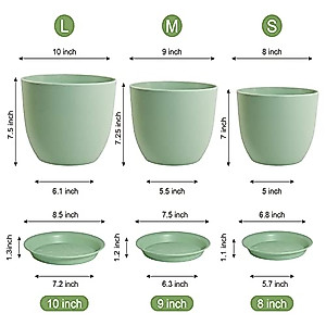 WOUSIWER Plant Pots 10/9/8 inch, Set of 3 Modern Decorative Plastic Planters with Drainage Holes and Saucers for House Plants Indoor Flowers Plants, Green