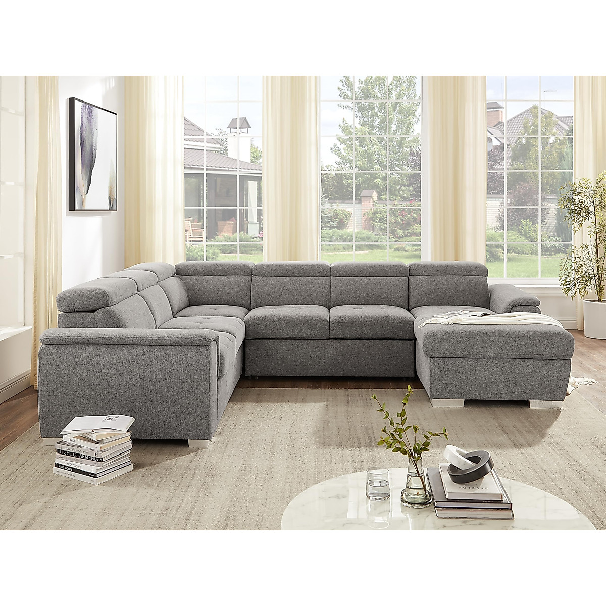 THSUPER 125'' U Shaped Sectional Sleeper Sofa with Pull Out Bed, Storage Chaise Lounge, and Adjustable Headrest, Oversized Sectional Couches for Living Room - Belfast Light Grey