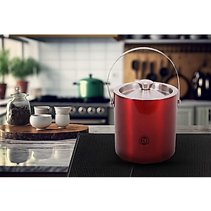 King International Stainless Steel Double Walled Insulated Red Ice Bucket with Lid & Handle, 1.75 LTR 84 Quarts, Ice Tong, Keeps Ice Cold for 6 Hours, Bar Tools for Home Bar Accessories, Mini Bar