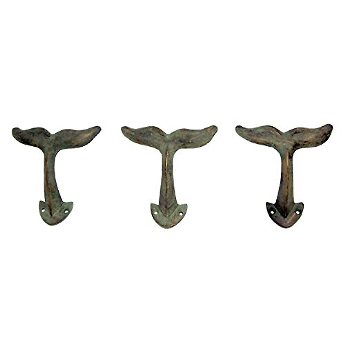 Rustic Green Patina Cast Iron Whale Tail Wall Hooks, 4 1/2 Inches, Set of 3