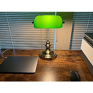 Newrays Glass Bankers Desk Lamp with Pull Chain Switch Plug in Fixture (Green)