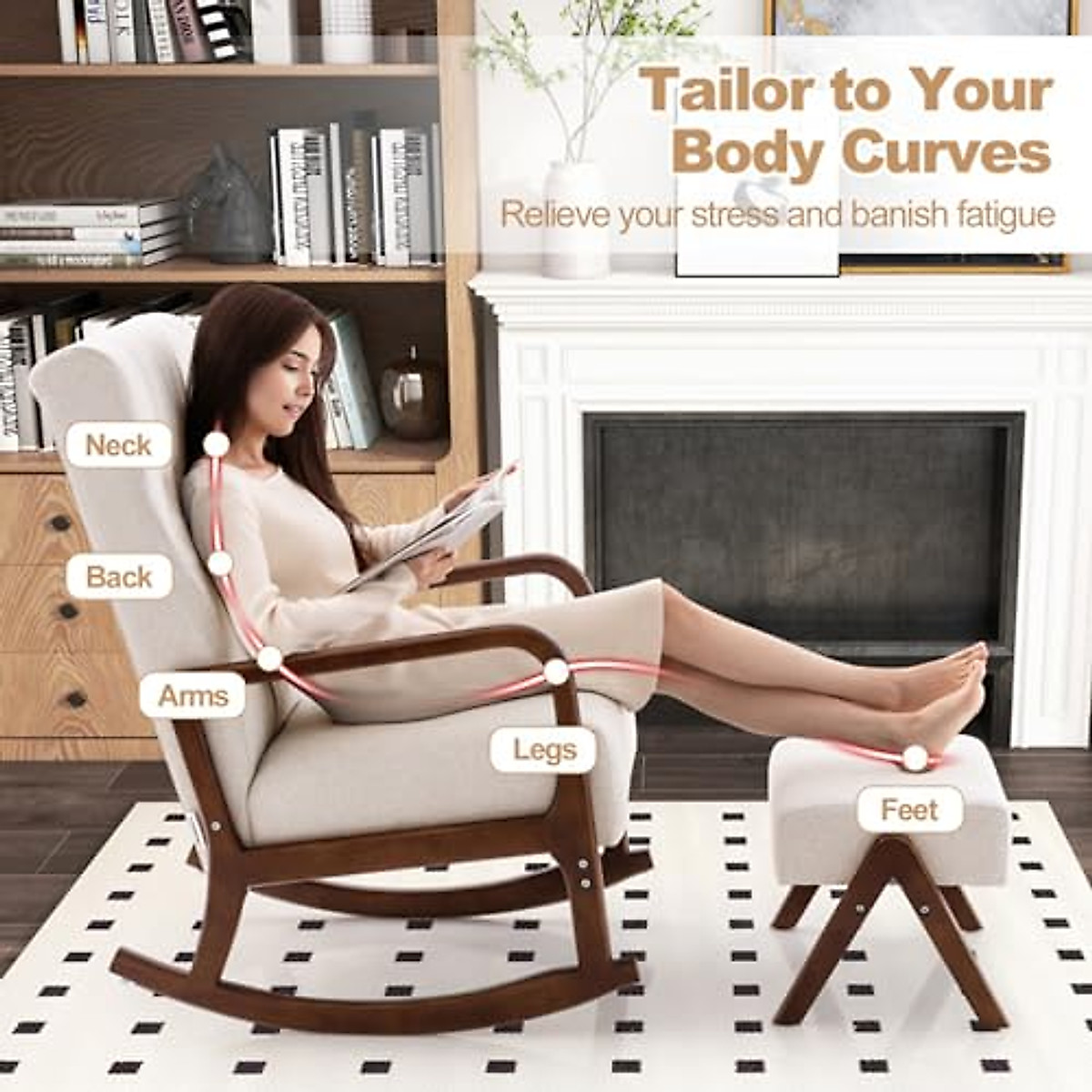 Upholstered Rocking Chair with Ottoman and Solid Rubber Wood Frame and Padded Cushion, Comfortable Rocker Solid Wood for Living Room (Beige)