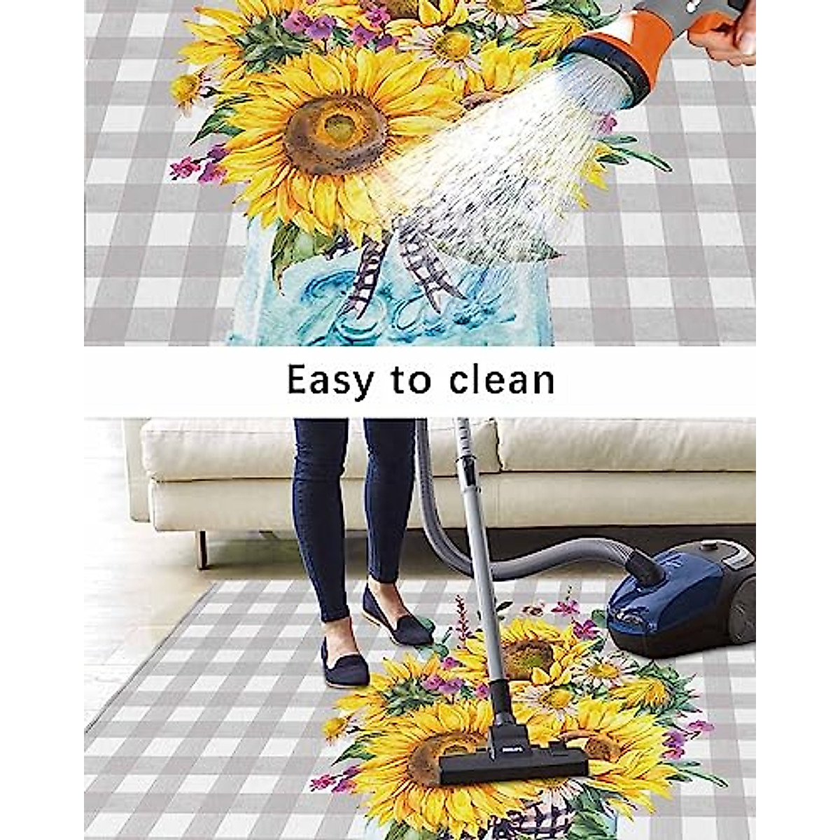 Fall Floral Thanksgiving Outdoor Rug for Patio, Large Floor Mat Sunflower Vase Grey Buffalo Plaid Non Slip Area Rug Rubber Backing Quick Dry Clearance Carpet for Camping, Garden, Deck, Porch, 5' x 8'