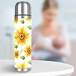 Sunflower and Leaves Vacuum Insulated Water Bottle Stainless Steel Thermos Flask Travel Mug Coffee Cup Double Walled 17 OZ
