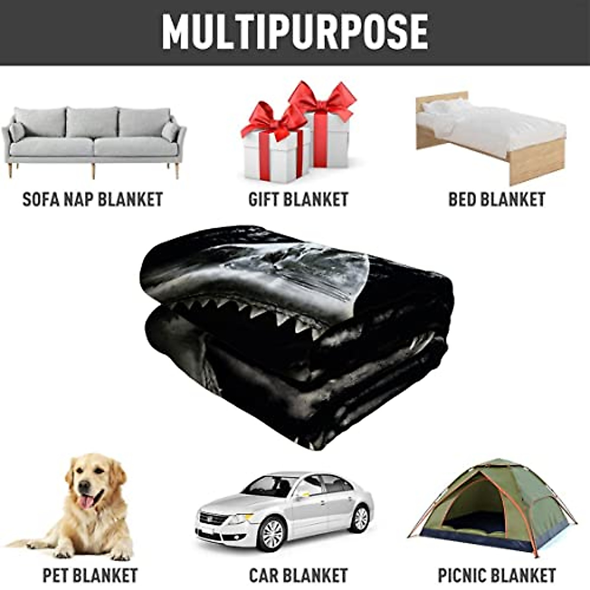 HommomH 60" x 80" Blanket Comfort Warmth Soft Cozy Air Conditioning Easy Care Machine Wash Shark Black