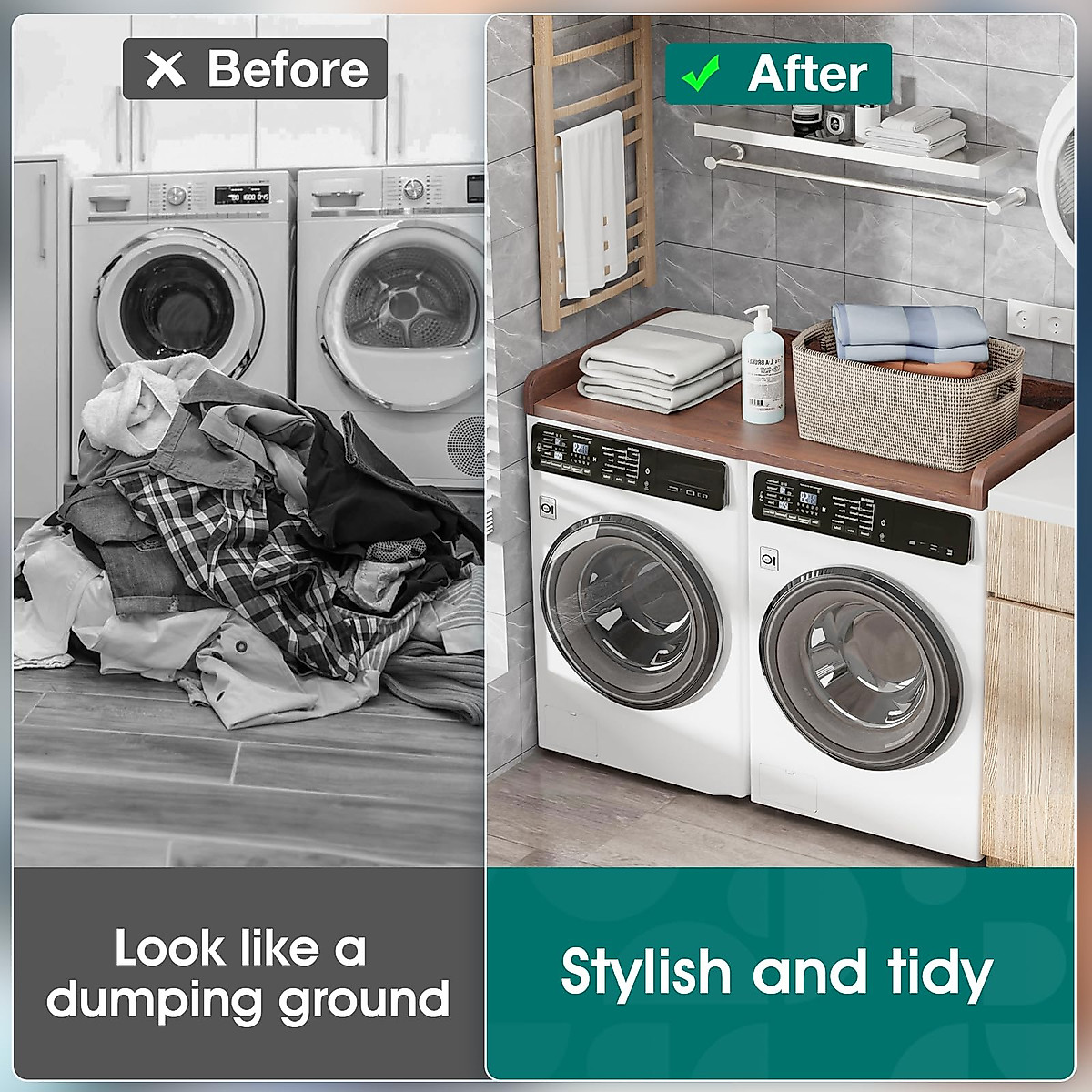 Washer Dryer Countertop, 27.5" Depth x 54" Width, Washer Dryer Wood Top for Laundry Room Organization, Particle Board Countertop with Edge Rails (Oak)