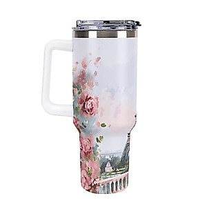 40 Oz Vacuum Tumbler with White Handle Leakproof Insulated Tumbler Paris Eiffel Tower with Flowers Stainless Steel Travel Mug with Lid And Straw Coffee Cup Cute Water Bottles Cup Holder Friendly