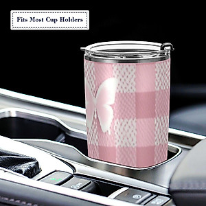 Amooorous Lovely Pink Lace Butterfly Plaid Stainless Steel insulated water bottle for home Leak-proof Lid and Straw coffee mug to go for camping vacuum insulated tumbler with lid vaso para
