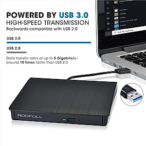 ROOFULL External CD DVD Drive USB 3.0 Portable DVD & CD-ROM +/-RW Player Burner Reader Writer Rewriter Adapter Optical Disc Drive for Laptop PC Windows 11/10/8/7 Mac Linux Desktop Computer