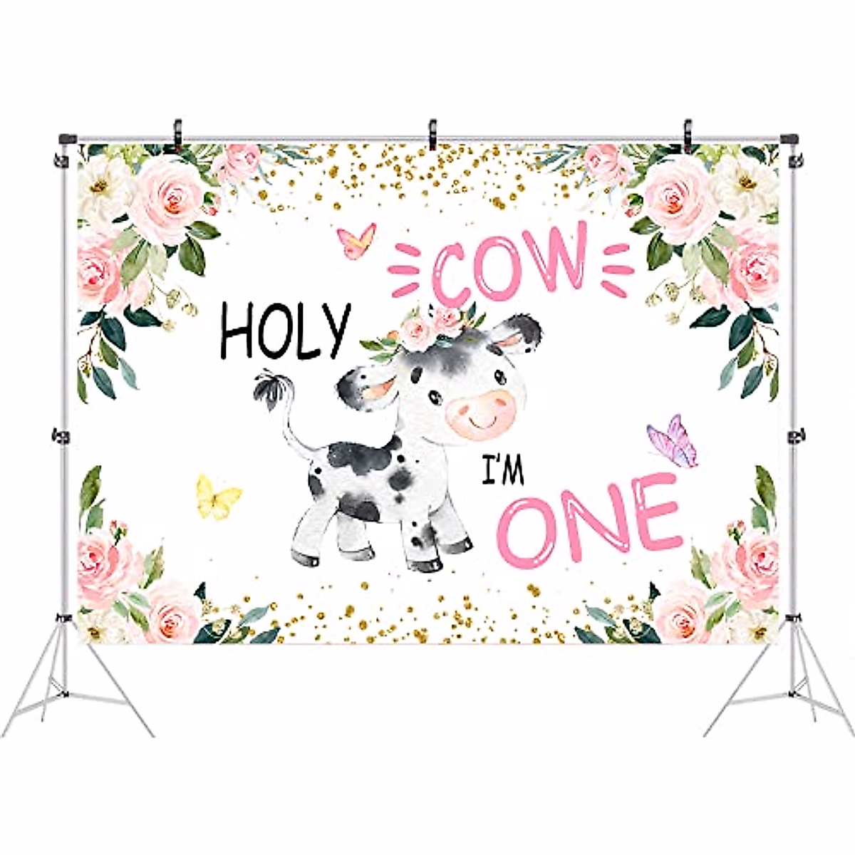 Ticuenicoa 7x5ft Holy Cow I'm One 1st Birthday Backdrop for Girls Baby Shower Photography Background Pink and Gold Floral Animals Bday Backdrops for Party Newborn Kids Supplies Photobooth Props…