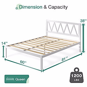 Novilla Queen Bed Frame with Headboard, Metal Platform Bed Frame, Wood Slat Support, Heavy Duty, No Box Spring Needed, Easy Assembly, White