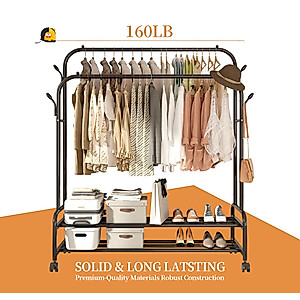 Antiwar Sturdy Metal Double Rodding Clothes Rack With Wheels, Portable Clothing Rack With Shelves & Hooks, Heavy Duty Garment Racks for Hanging Clothes, Multi-Functional Closet Rack for Bedroom, Black