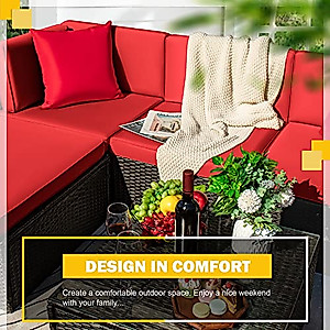 Tuoze 5 Pieces Patio Furniture Sectional Outdoor All-Weather PE Rattan Wicker Lawn Conversation Cushioned Garden Sofa Set with Glass Coffee Table (Red)