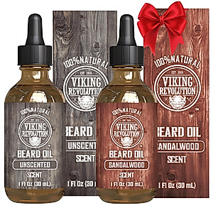 Viking Revolution Sandalwood and Unscented Beard Oil for Men - Natural Mens Beard Oil with Argan Oil and Jojoba Oil - Beard Softener, Strengthens and Moisturizes - Beard Conditioner for Men (2 Pack)