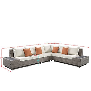 DHPM Furniture PE Brown Rattan Wicker Sectional Outdoor Sofa Set Outside Couch w/Washable Seat Cushions & Modern Glass Wedge Table for Patio, Backyard, Gray
