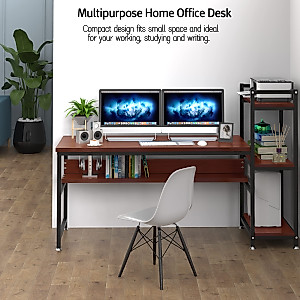 NSdirect 60" Large Computer Desk with 4 Tier Storage Shelves, Office Desk Computer Table Studying Writing Drawing Modern Desk for Home Workstation with Bookshelf and Tower Shelf, Red