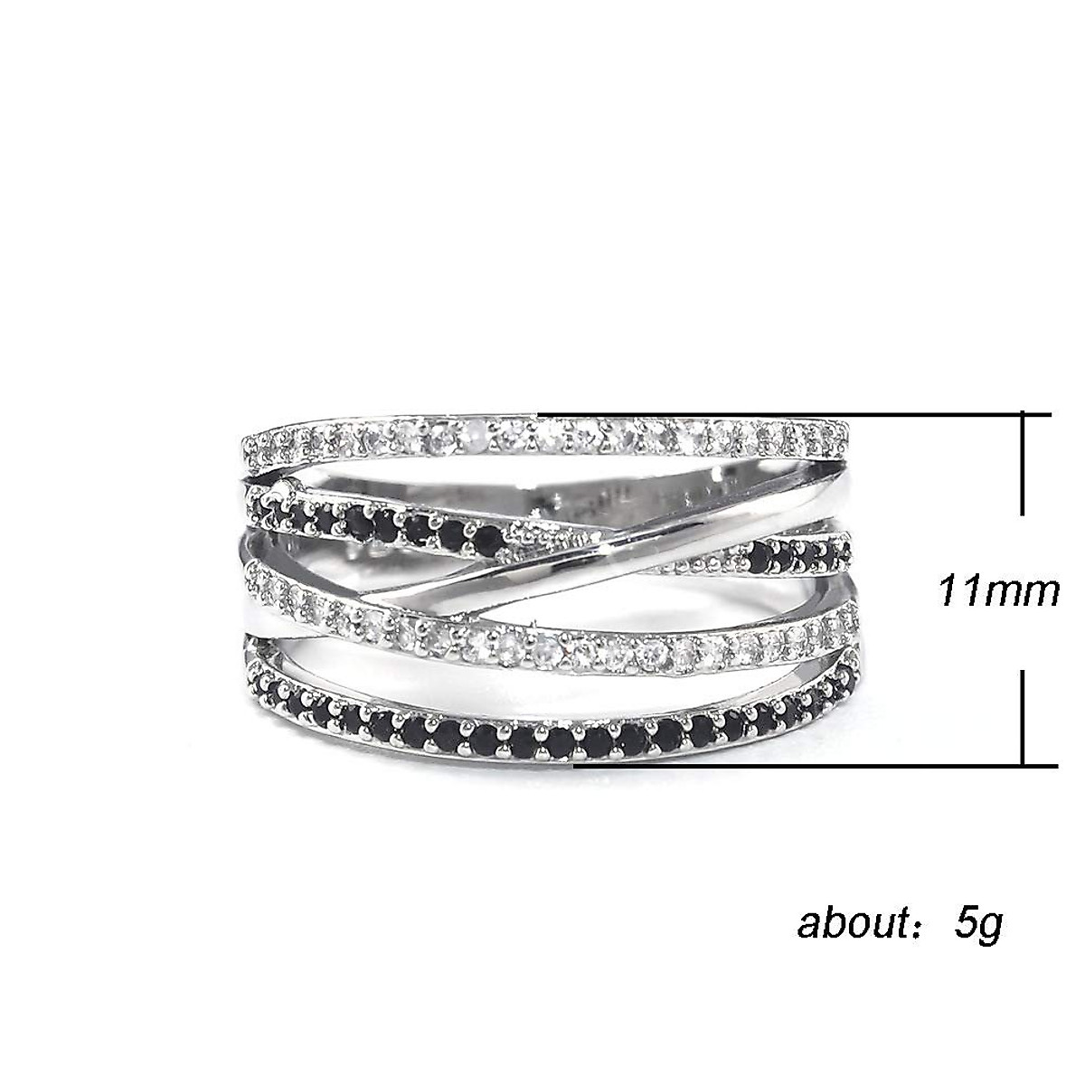SSZUKOOU 925 Silver Jewelry Black & White Sapphire Two Tone Black and White Pave Cubic Zirconia CZ Criss-Cross Crystal Belt Design Band Ring Eternity Wedding Bridal Jewelry Gifts Women (US 7)