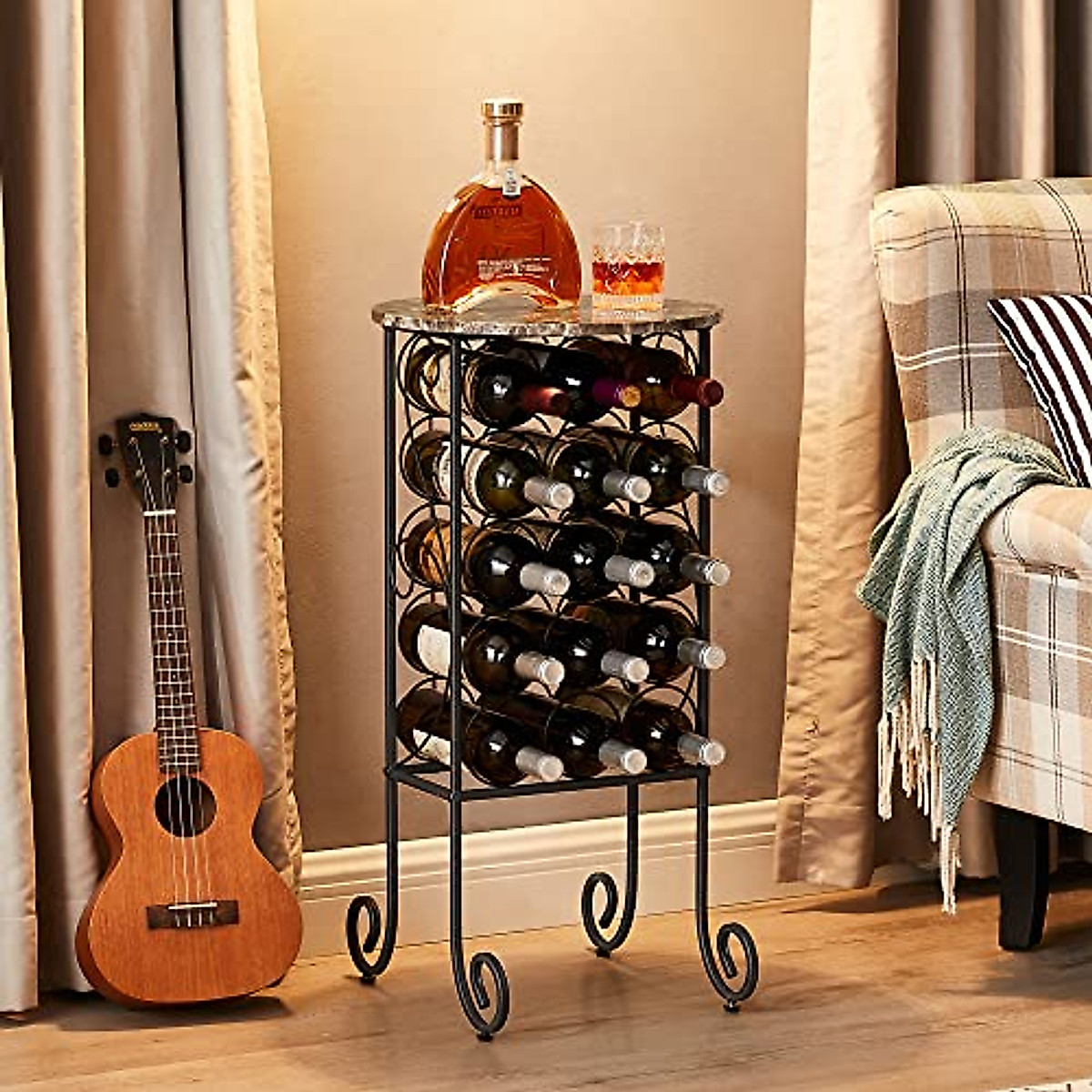 VECELO Metal Wine Rack Console Table, Freestanding Floor Bottles Organizer & Display Shelf with Faux Marble Finish Top, for Bar Kitchen Dining Living Room, Small Spaces, Holds 15, Black