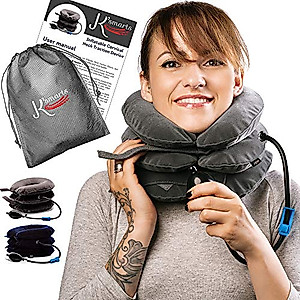 Pinched Nerve Neck Stretcher Cervical Traction Device for Home Pain Treatment | Inflatable Spinal Decompression Collar Unit Muscle Strain Injury Relief | Herniated Disc Problems Remedy Kit (Gray)