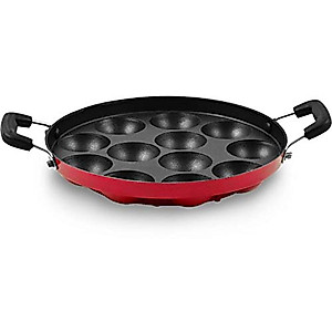 Non-Stick 12 Cavity Appam Patra Paniyarakkal,Nonstick cookware Appam Patra Paniyaram with Stainless Steel Without Lid 12 Cavity (Red with Handle)