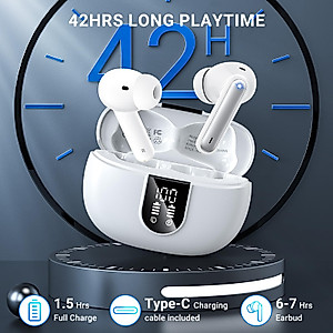 Wireless Earbuds, 2024 Wireless Headphones HiFi Stereo Earphones with 4 ENC Noise Canceling Mic, 42Hs Playtime In Ear Earbud, Bluetooth 5.3 Sport Earphones with LED Power Display for Android iOS White