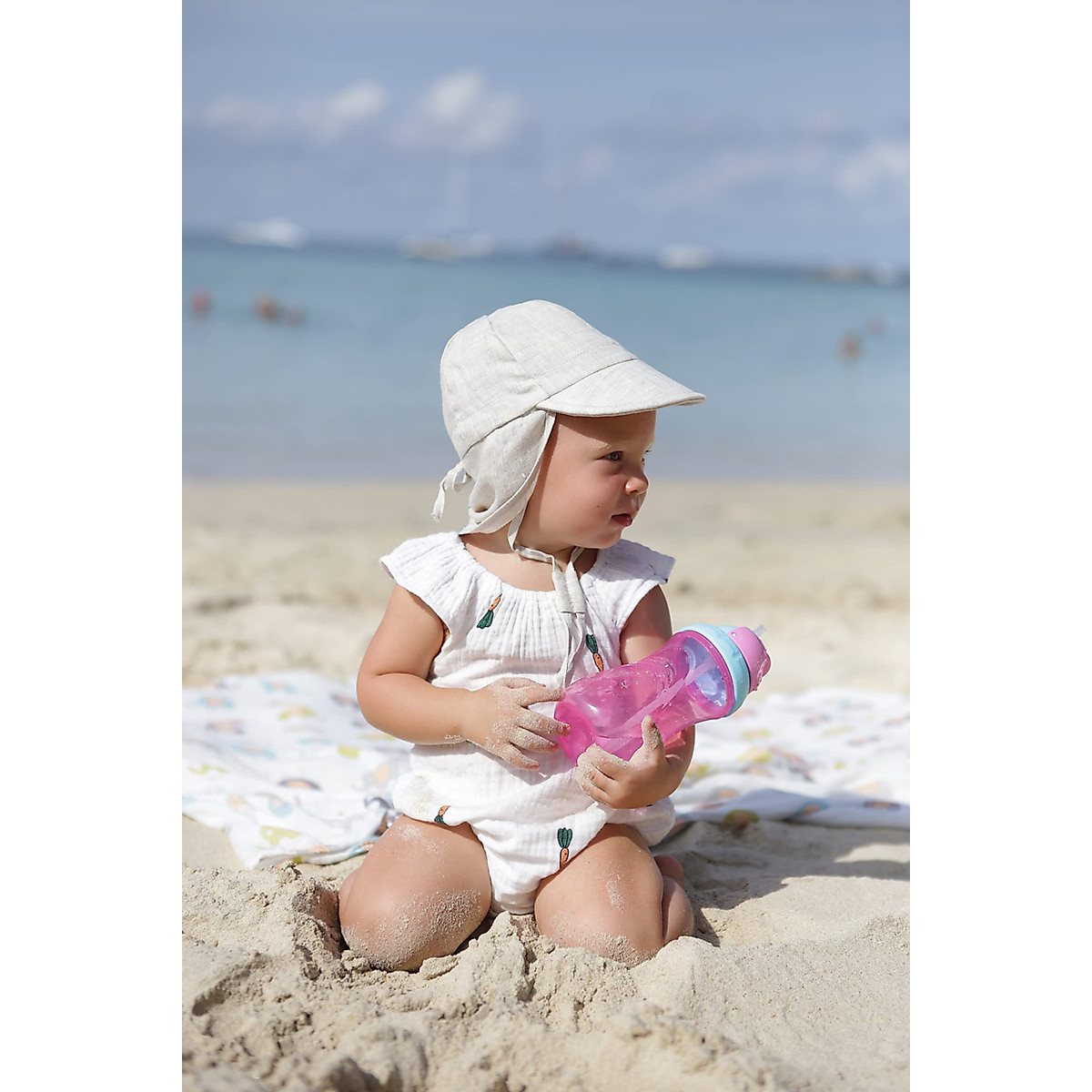 Baby Sun Hat UPF 50+ Adjustable Linen Breathable Infant Quick Drying Summer Beach Hat with Neck Flap Swim Hat for Baby Boys Girls Beige