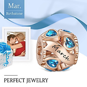 NINGAN March Birthstone Charms Rose Gold 925 Sterling Silver Love Heart Bead for Charm Bracelets and Necklaces with 5A Cubic Zirconia, Birthday Gifts