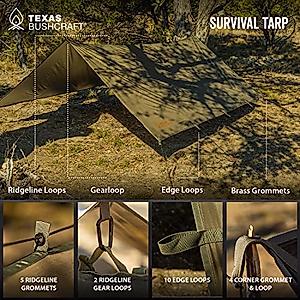 Texas Bushcraft Emergency Camping Tarp, Waterproof 10x10 Emergency Shelter for Backpacking and Hiking, 70D Ripstop Nylon Survival Tarp with Reflective Aluminized Polymer and Loop Ties with Grommets
