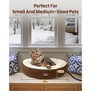 clawsable Heated Cat Bed for Small Medium Size Cats, Super Soft Round Heated Pet Bed with Warming Temperature Cat Bed for Indoor Cats, Electric Cat Heating Bed for Kittens (Beige+Brown)