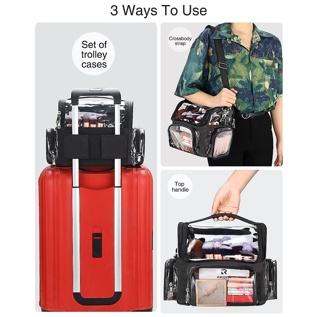 NAONAYA Makeup Brush Case, Large Makeup Brush Holder Professional Makeup Artist Travel Case Clear Waterproof Cosmetic Organizer Bag, Full Open Easy to Access, with Adjustable Strap and Dividers