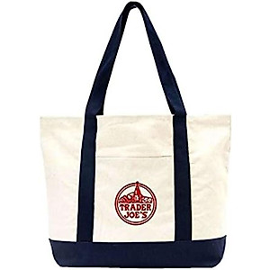 EXZMA Trader Joes Large Tote Shopping Bag Cotton Canvas Embroidered Bag (1), Navy Blue