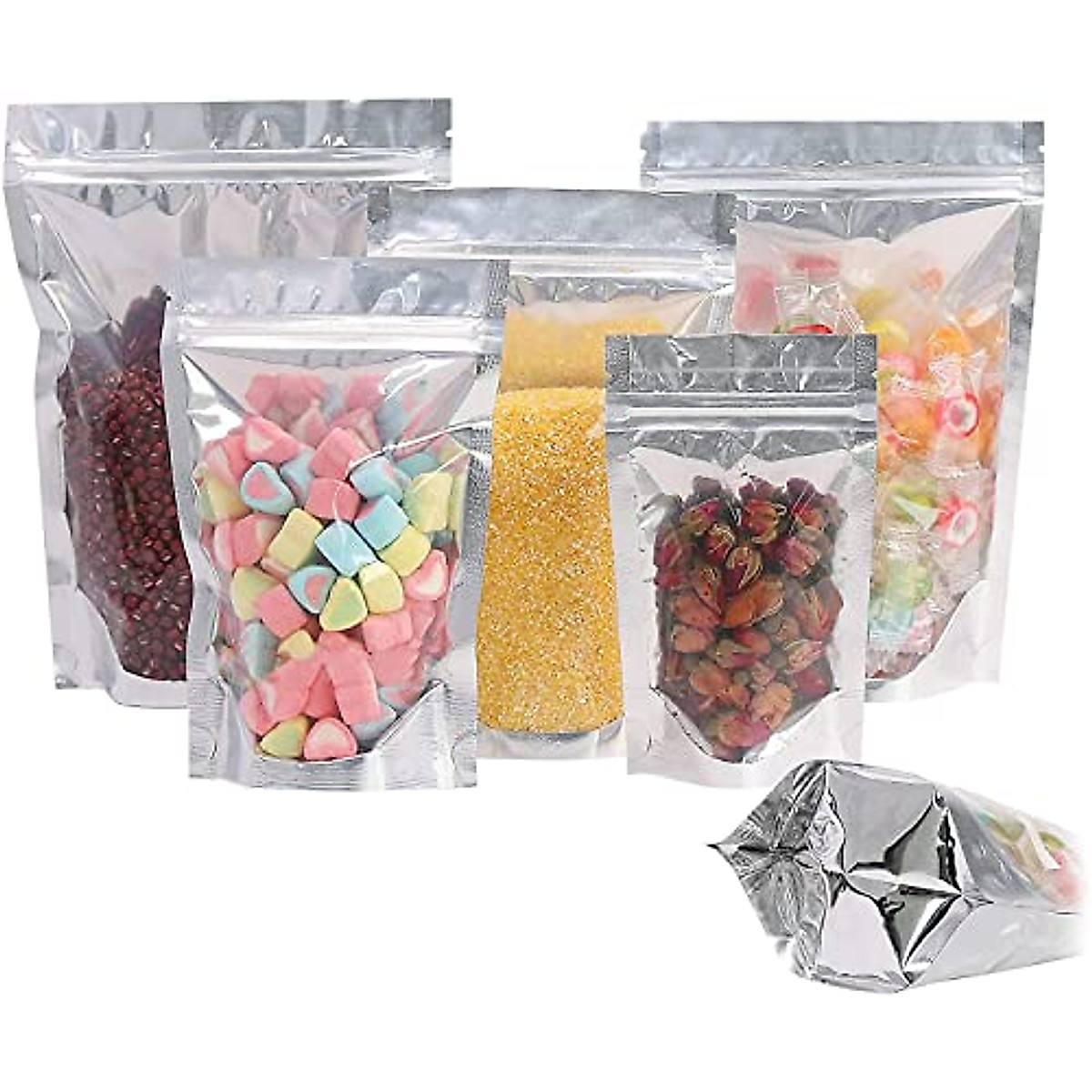 SumDirect Reusable Aluminium Foil Zip Lock Stand Up Food Pouches Bags with Notch for Food Storage 5.1x 7.8 Inches, 11.5oz, Pack of 50