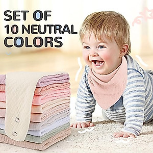 NLUS 10 Pack Muslin Baby Bibs for Teething and Drooling 100% Cotton Baby Bandana Drool Bibs for Baby Boys Girls, Solid Colors