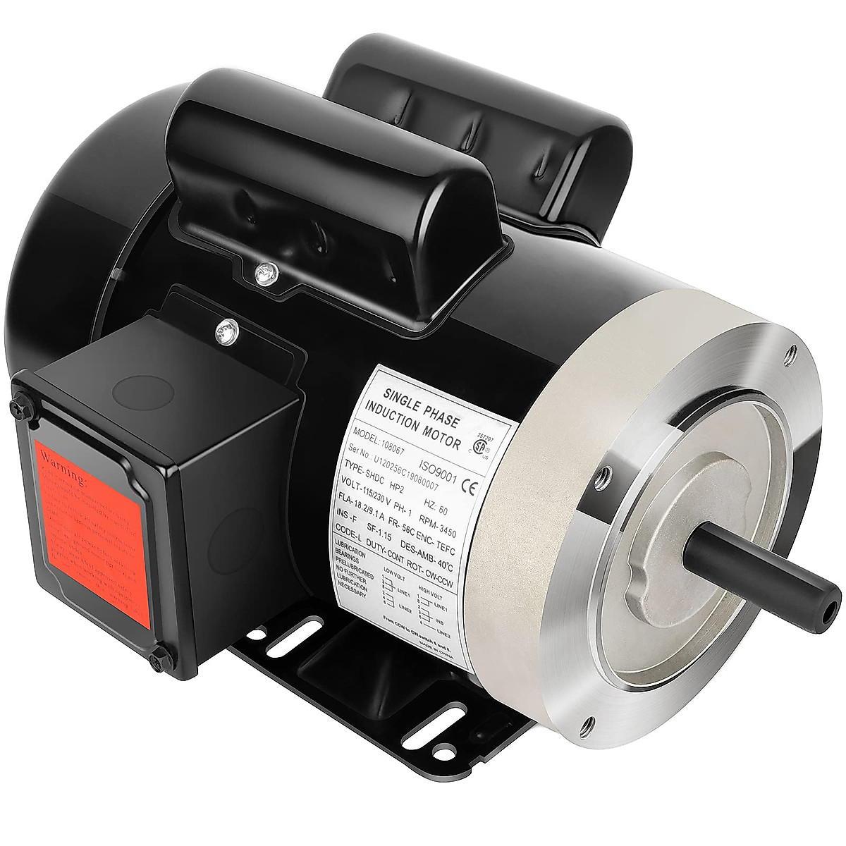 2HP Electric Motor 3450 RPM General Purpose Single Phase Motor 56C Frame 115V/230V 5/8" Shaft Diameter Rolled Steel Shell TEFC 60HZ