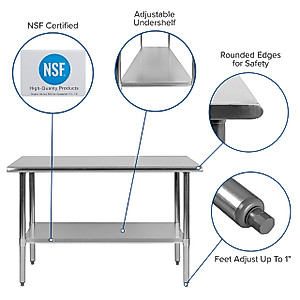 Flash Furniture Rawcliffe NSF Certified Stainless Steel Kitchen Prep and Work Table, Commercial Work Table with Storage, 48"W x 24"D x 34.5"H, Silver