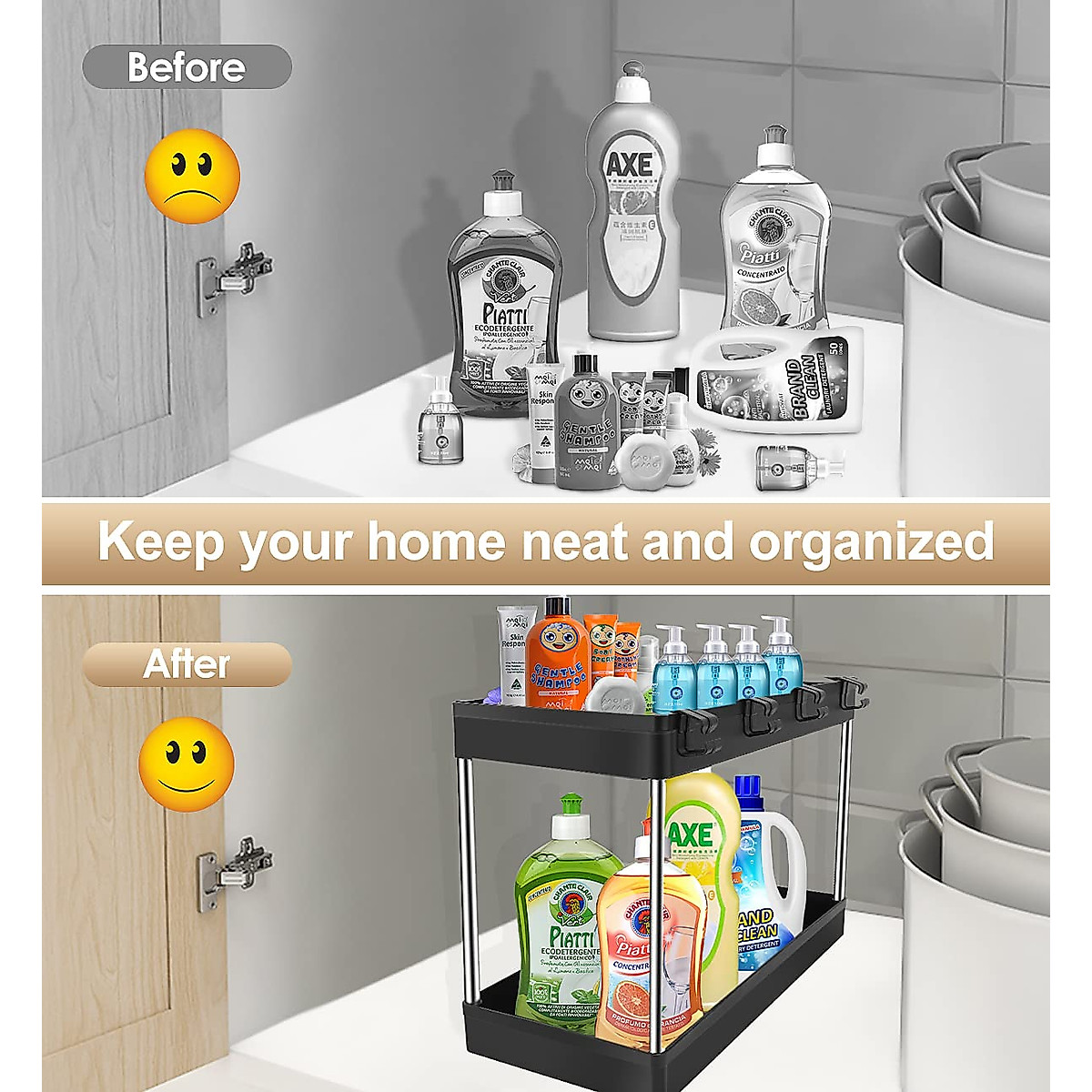 Piashow Under Sink Organizer, 2-Tier Under Sink Storage Organizer, Bath Collection Basket with 4 Hooks, Multi-purpose Bathroom Standing Rack, Storage Shelf for Kitchen (Black)