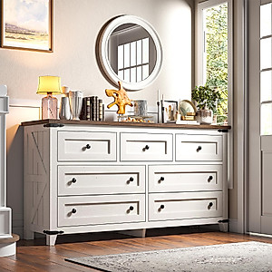 EnHomee Farmhouse 7 Drawers Dresser for Bedroom 51" Wide Wood Dressers & Chests of Drawers White Dresser with Natural Texture Bedroom Dresser TV Stand for Bedroom, Hallway, Closet, Antique White