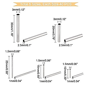 DICOSMETIC 200pcs 5 Sizes Long Tube Beads 10mm/15mm/20mm/25mm/30mm Noodles Beads Stainless Steel Straight Long Spacer Beads Metal Loose Beads for Bracelet Necklace Jewelry Making