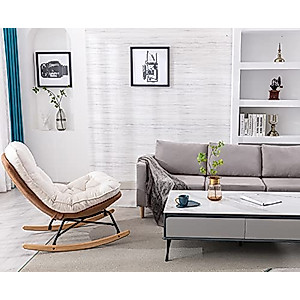 Kmax Rocking Chair Nursery Tufted Accent Glider Chair with Tufted Linen Fabric Cushion PU Leather Base for Baby Nursery Bedroom Living Room, Cream